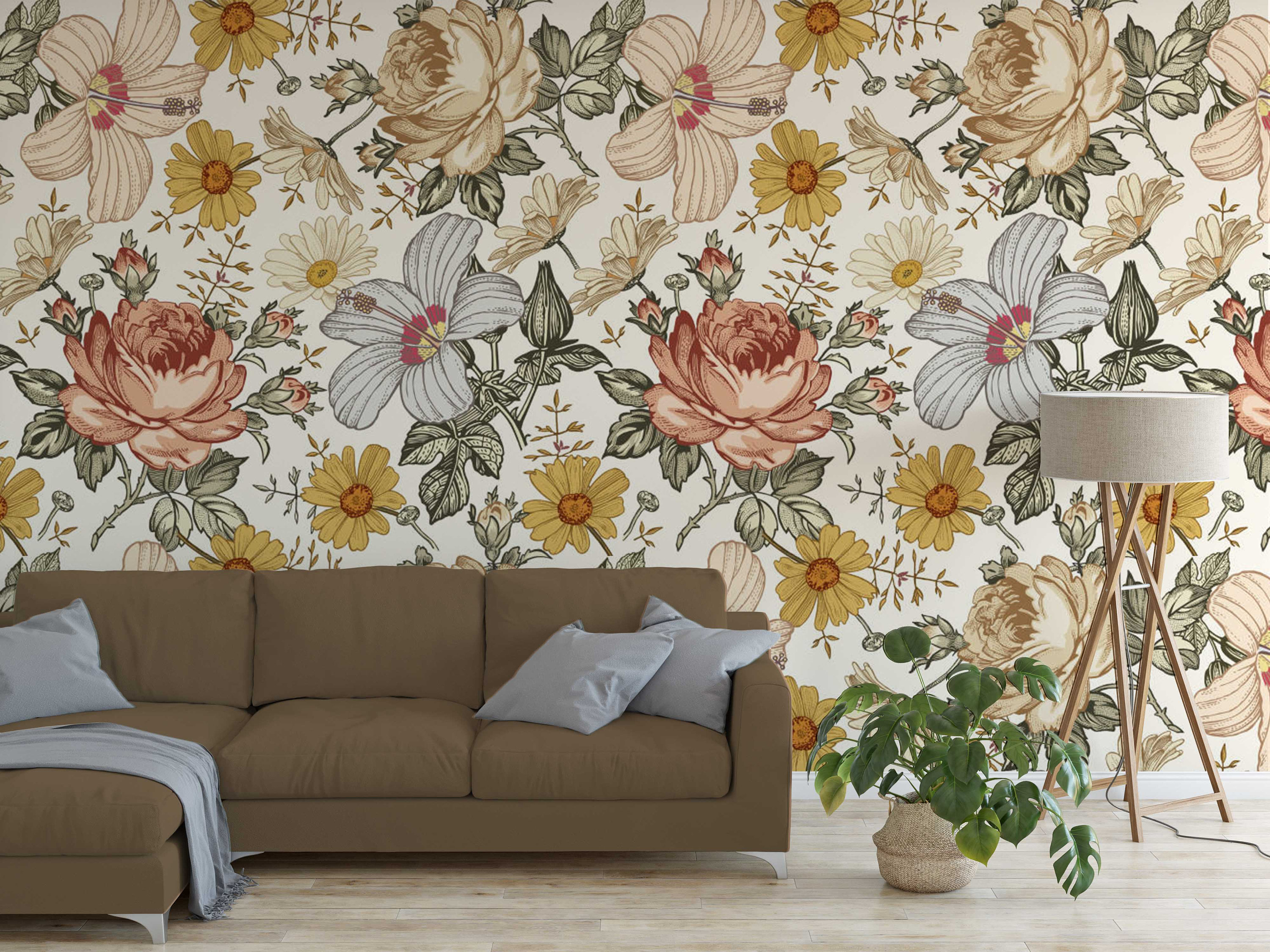 Vintage Floral Wallpaper Peel And Stick Botanical Beige Etsy
