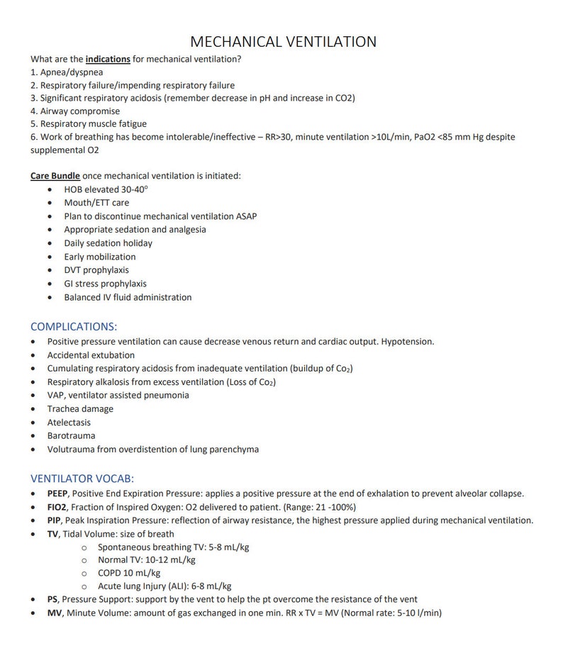 Mechanical Ventilation Notes - Etsy