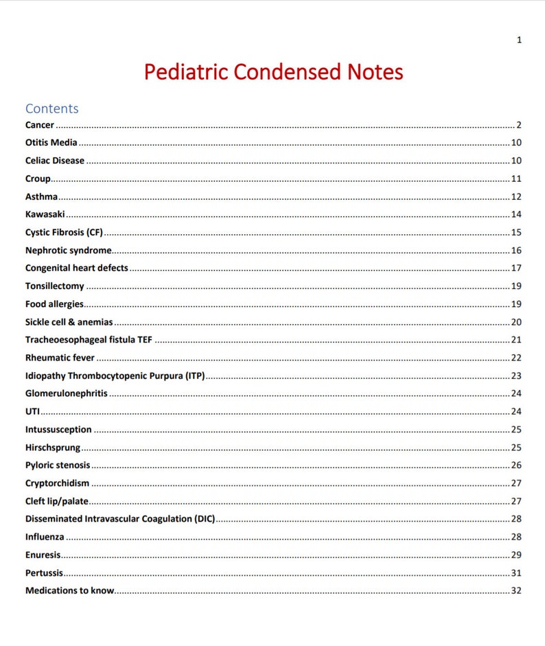 Pediatric Condensed Notes (32 Pages) - Etsy
