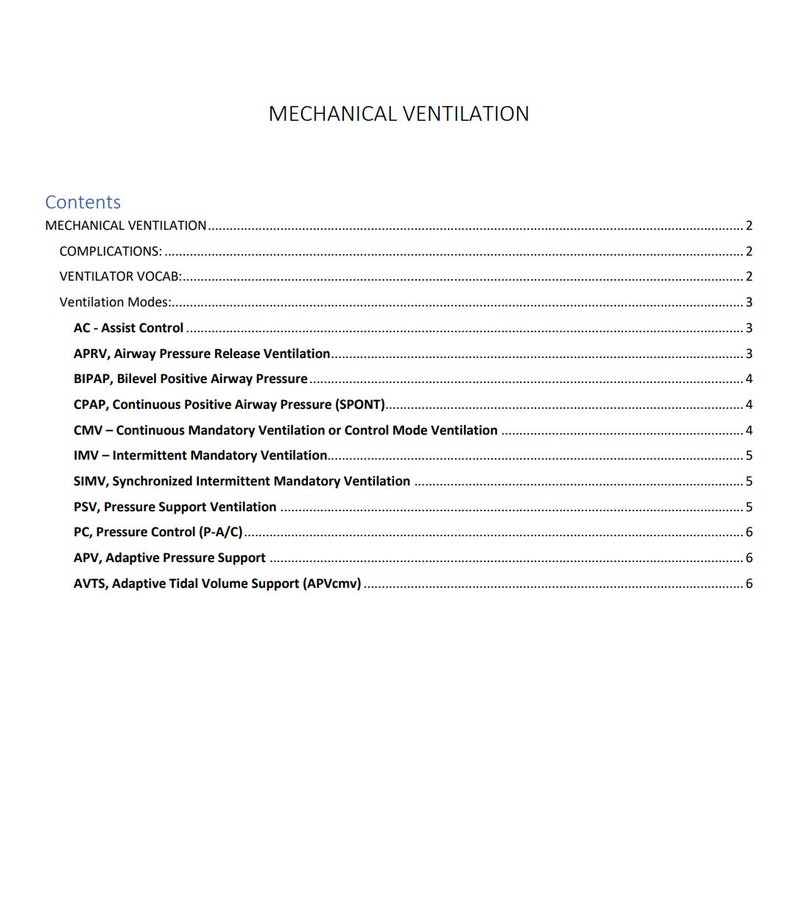 Mechanical Ventilation Notes - Etsy