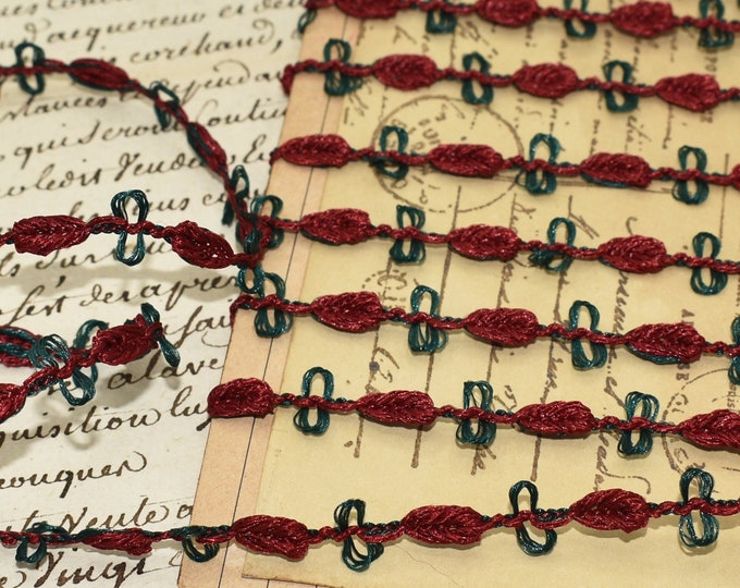 9 Feet * Vintage Dark Red Rosebud Chain Rococo Gimp Green Leaves Petite ...