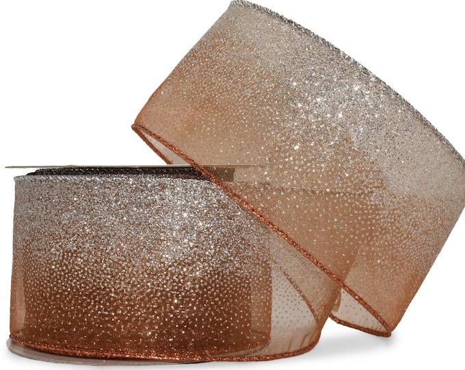 25 Foot Spool Copper Silver Glitter Ombre White Sheer Christmas Ribbon ...