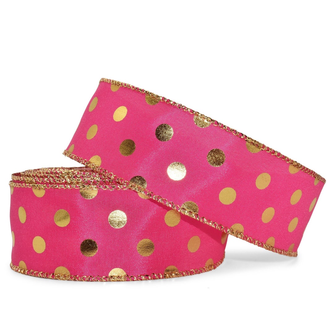Pink Gold Wired Ribbon, 25 FT X 1.5w, Valentine's Day, Polka Dots ...