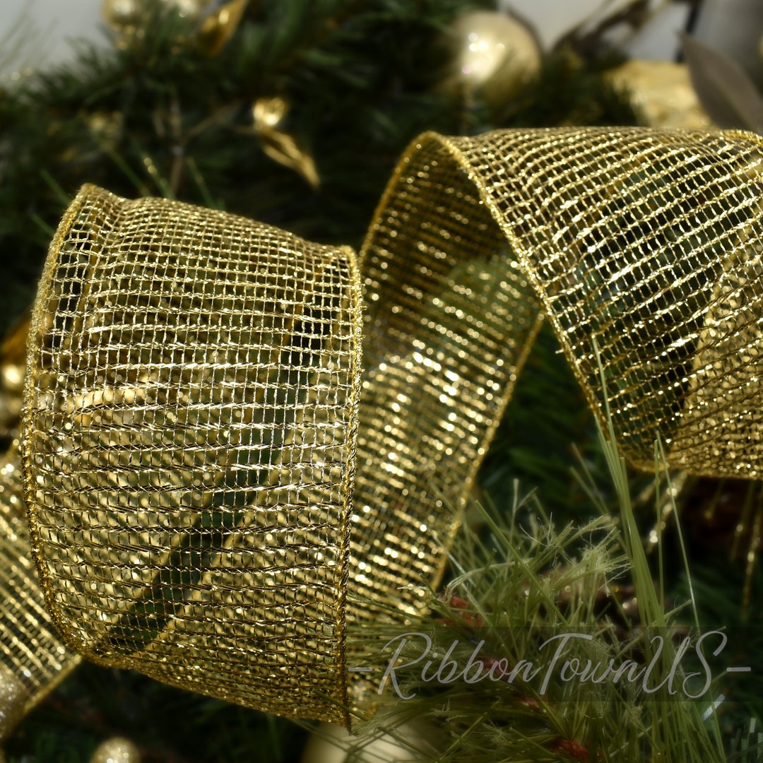 25 Yards - Holiday Gold Metallic Mesh Shiny Christmas Wired Ribbon 2.5 ...