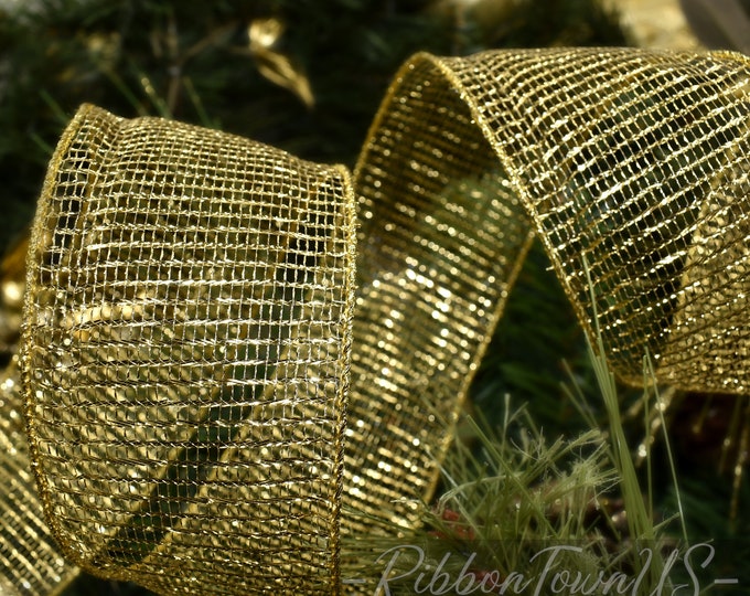 25 Yards - Holiday Gold Metallic Mesh Shiny Christmas Wired Ribbon 2.5 ...