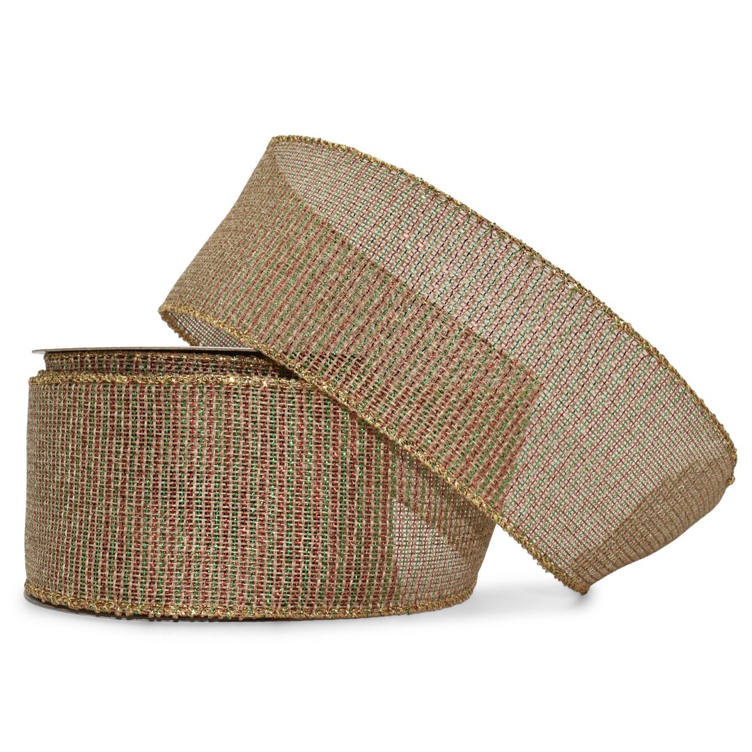 25 Foot Spool Christmas Red Green Metallic Woven Burlap Like Gold Edge ...
