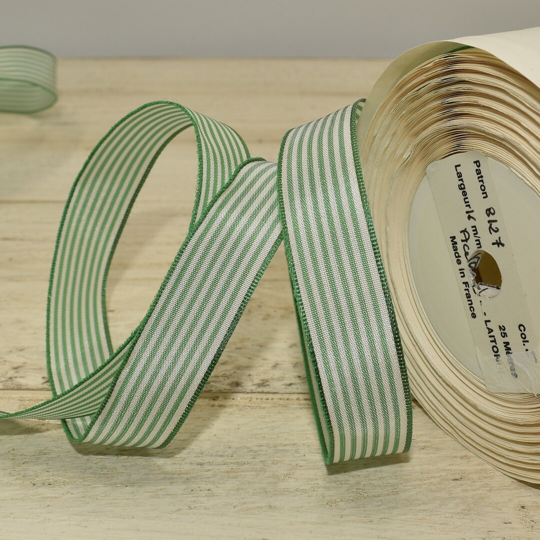 French Striped Wired Ribbon, 6ft X 5/8"w, Made in France, Green White ...