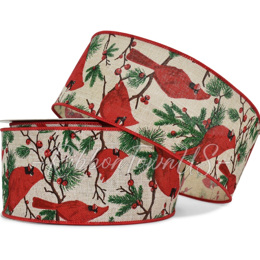 10yds Christmas Cardinal Red Birds Nature Red Beige Green Wired Ribbon ...