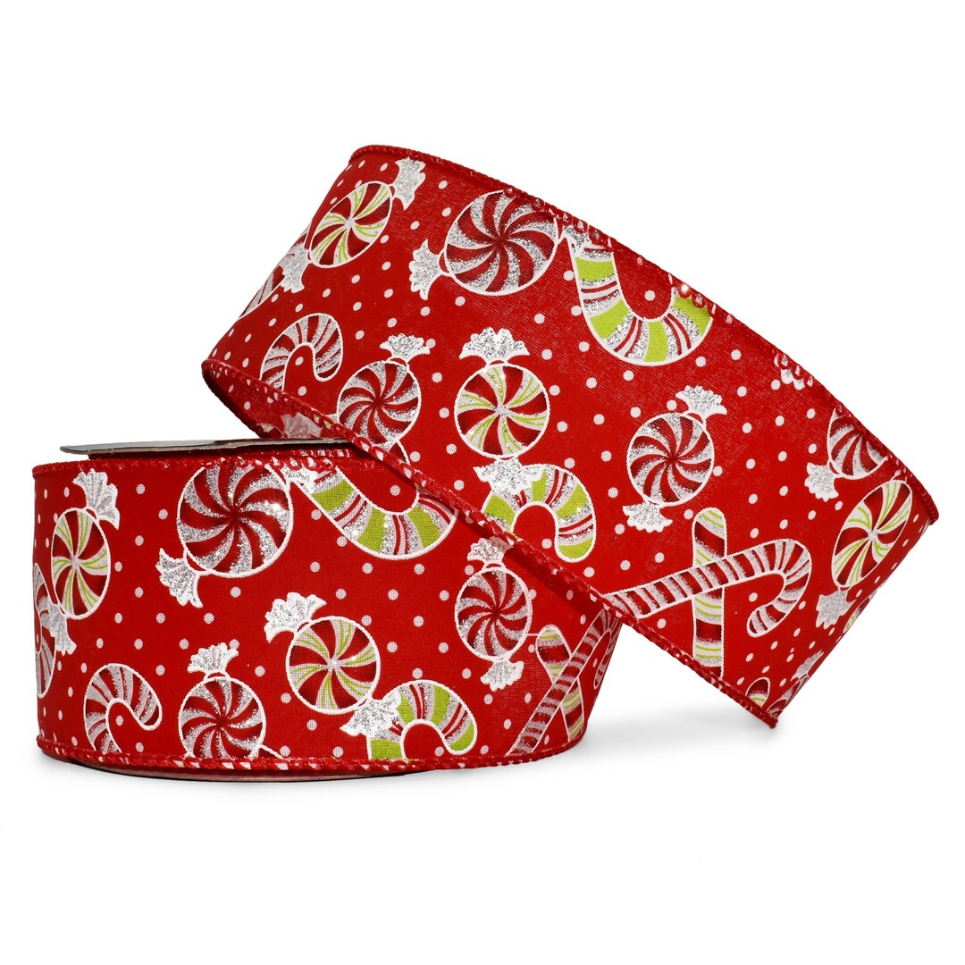 30 Foot Spool Christmas Peppermint Candies Red Green Candy Canes Silver ...