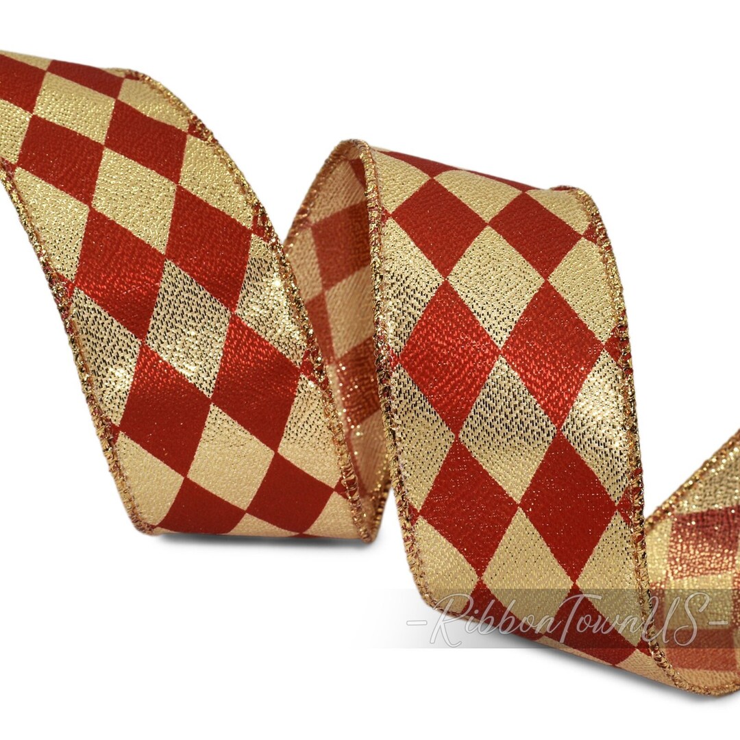 10 Yards Valentine Red Gold Jester Harlequin Diamond Christmas Wired ...