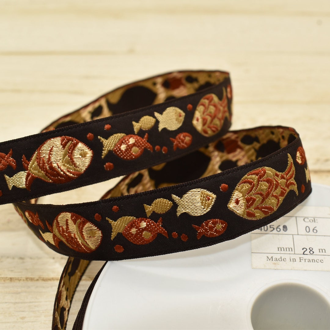 Vintage French Embroidered Fish Jacquard Ribbon, 6ft X 7/8w, Made in ...