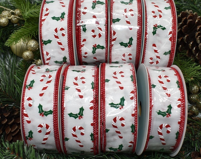 CLOSEOUT! 10yd Spool Christmas Classic Candy Canes Holly Berries Red ...