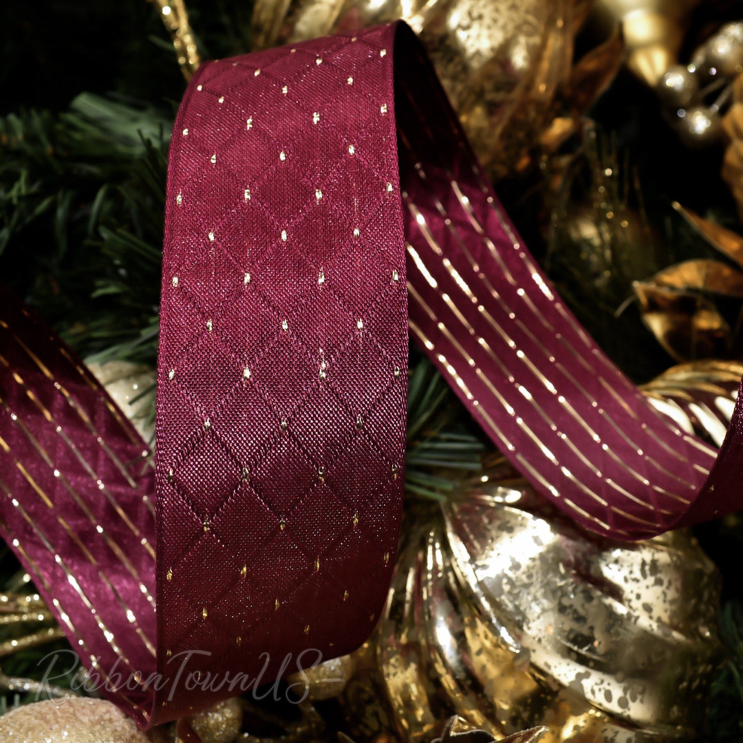 10yds Christmas Burgundy Wired Ribbon, 1.5"w, Wine Red Gold Diamond ...