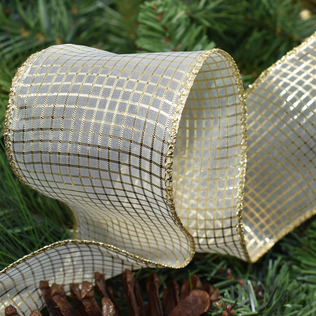 15yds SALE Gold Metallic Plaid Grid Sheer Christmas Wired Ribbon 2.5"w ...