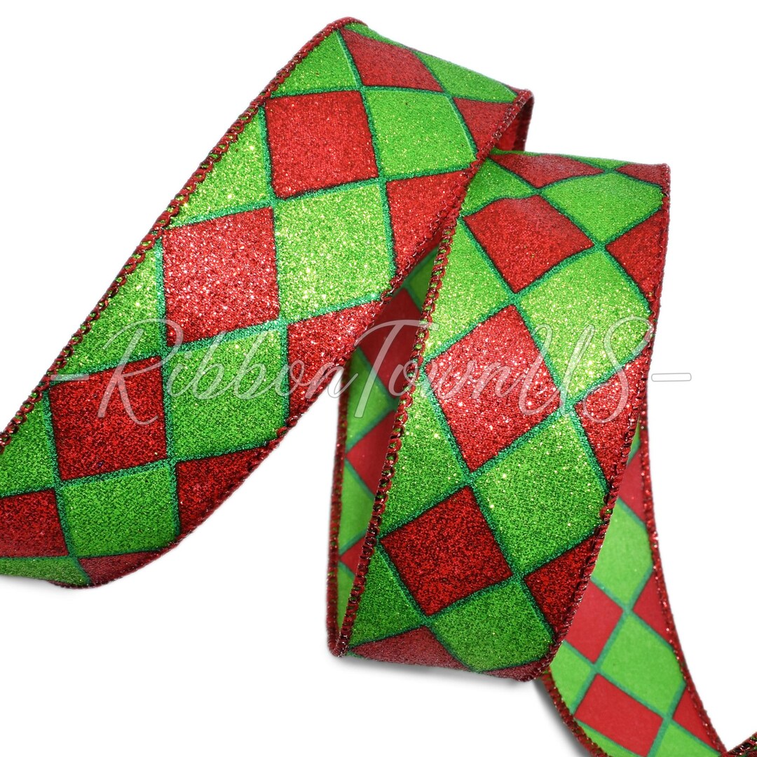 Christmas Red Grinch Green Glitter Harlequin Diamond Jester Ribbon 1.5 ...