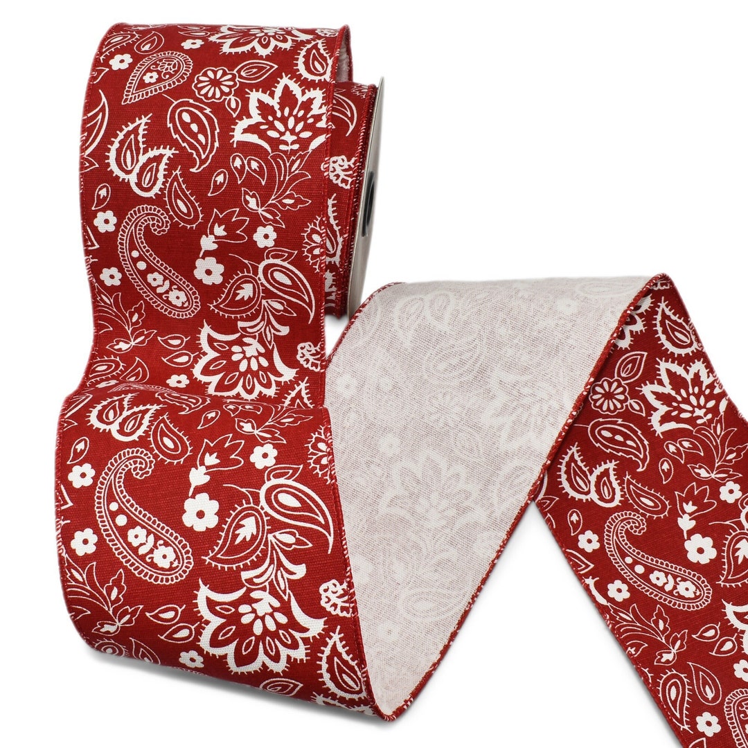 4"wx10yds Red White Paisley Bandana Print Country Western Cotton Wired ...