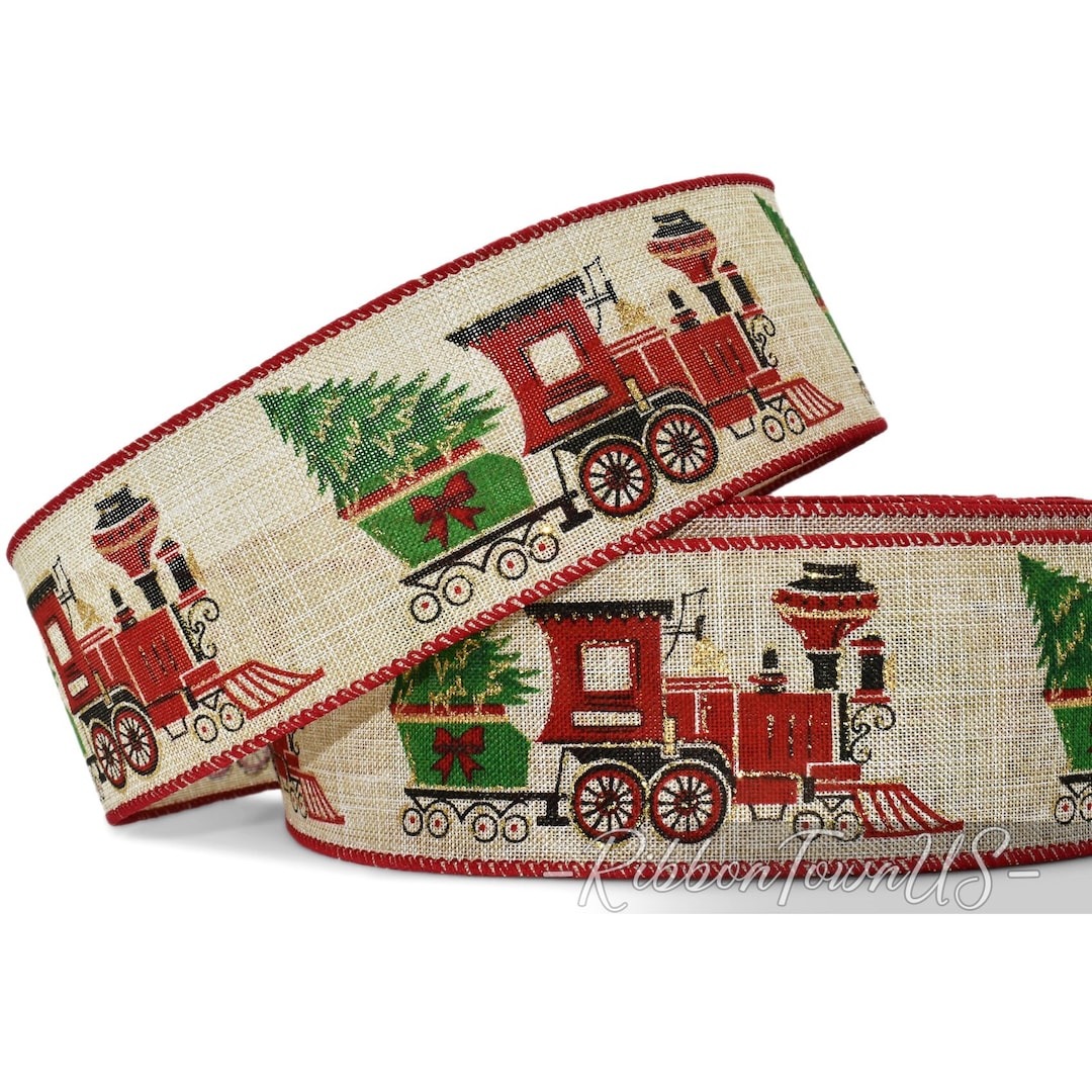 Christmas Train Wired Ribbon, 2.5w X 10 Yards, Red Green Gold Glitter ...