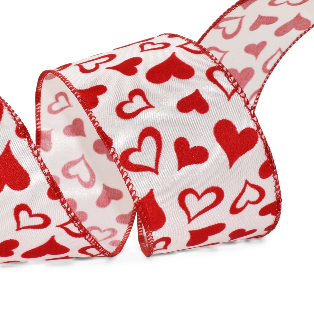 25 Feet Valentine's Day Furry Flocked Red Hearts White Wired Ribbon 2.5 ...