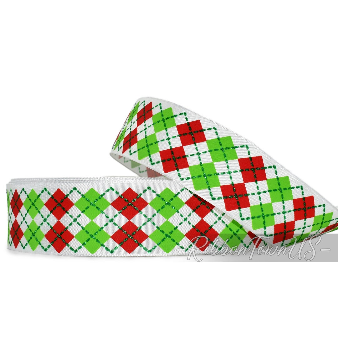 Christmas Red Green Argyle Diamond Jester White Wired Ribbon, 1.5"w X ...
