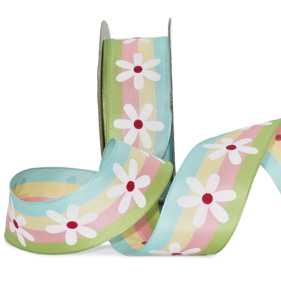 5 Yards White Daisy Flower Pastel Pink Green Yellow Blue Striped Easter ...