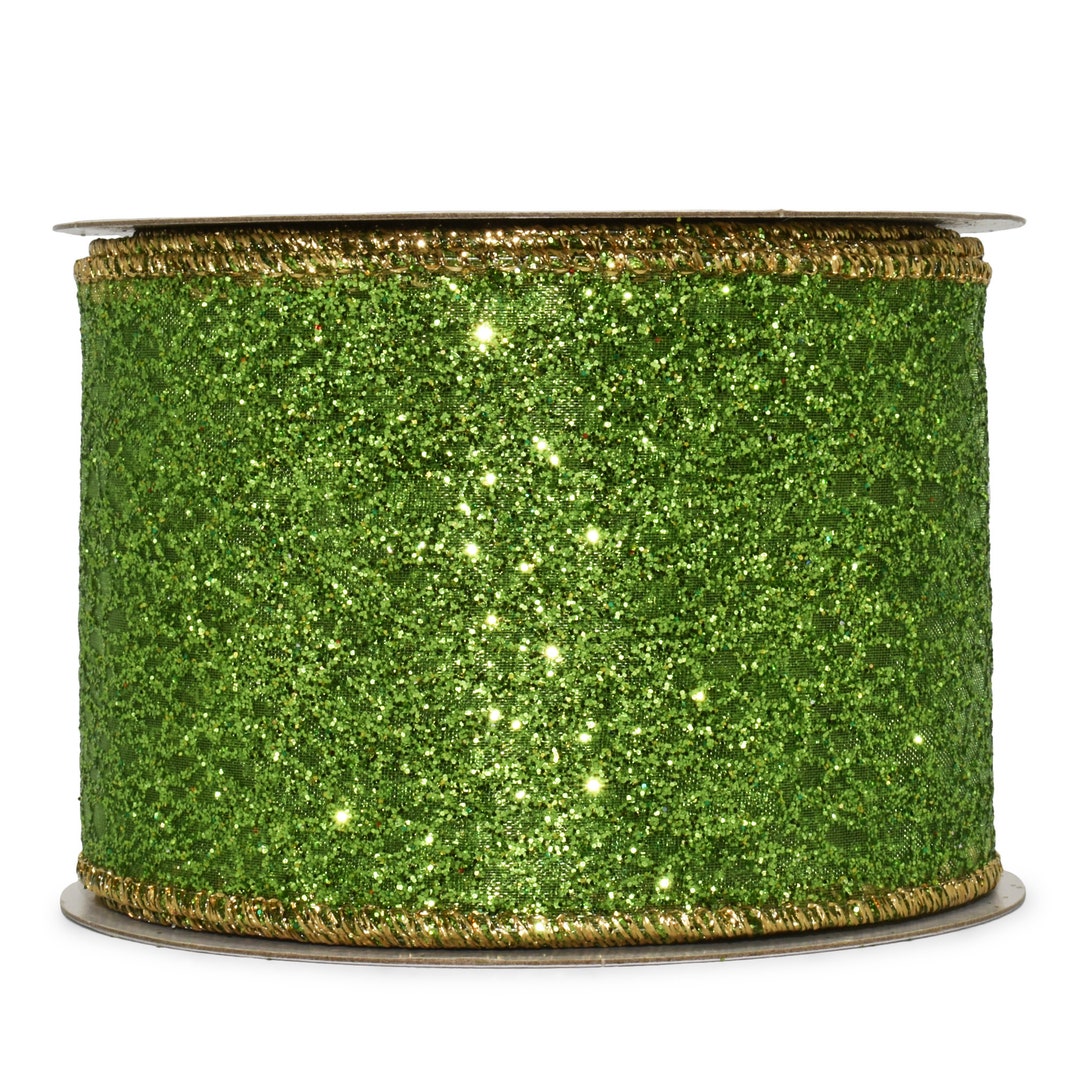 25 Foot Spool Christmas Bright Green Sparkly Glitter Web Gold Edge ...