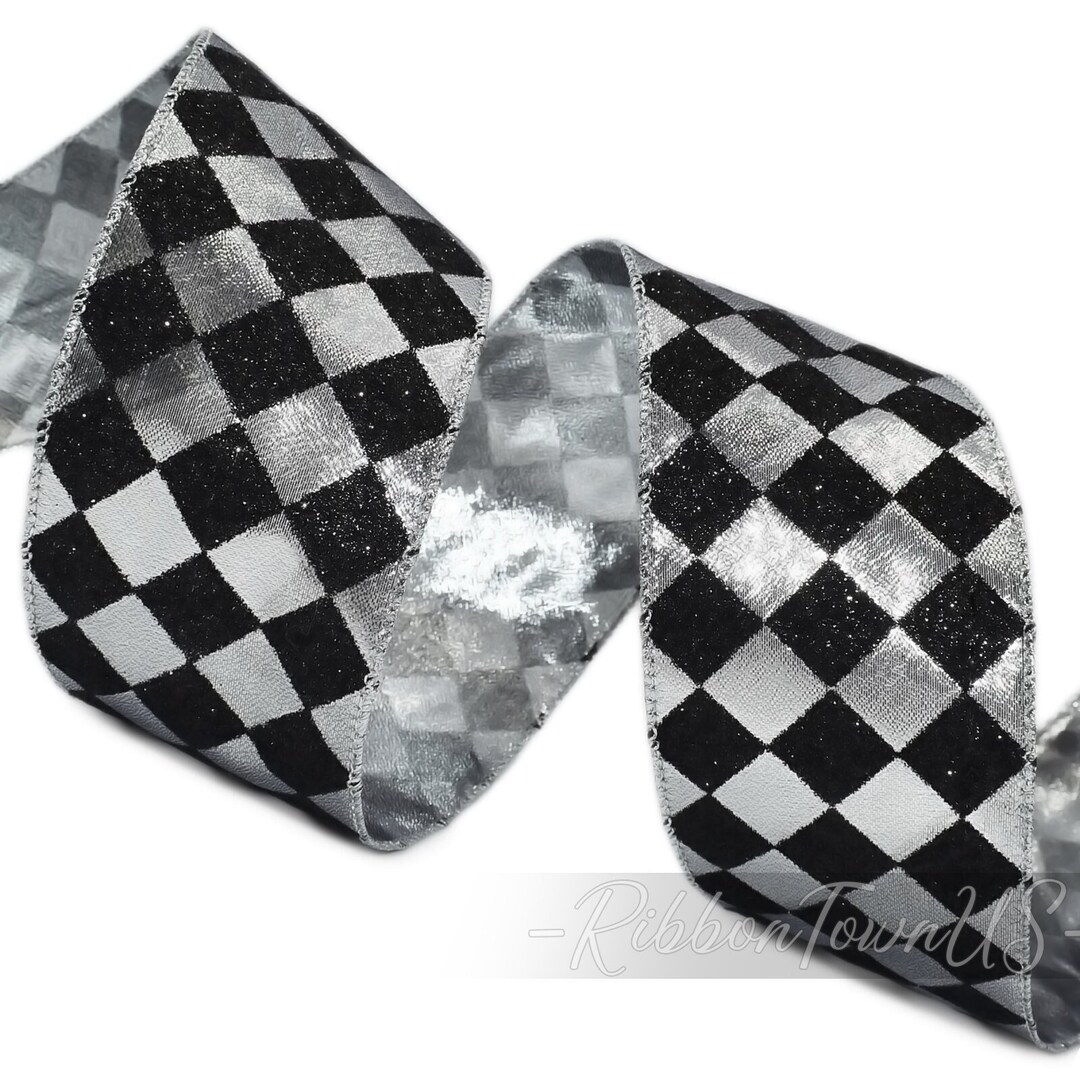 10 Yards Silver Black Glitter Jester Harlequin Diamond Christmas Wired ...