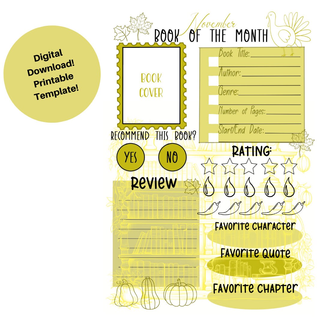 November Book of the Month Template L Book Review Template L Printable ...