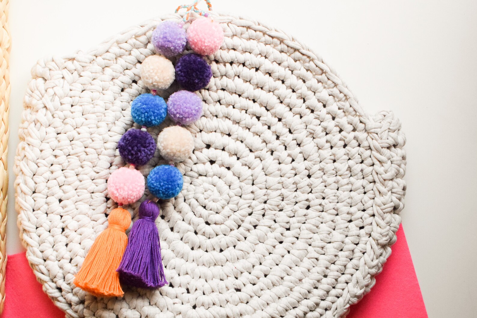 Neon pink bag cham Pom pom bag charm Long tassel Bohemian bag | Etsy