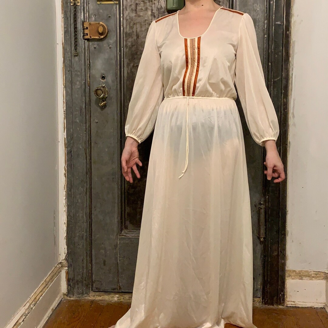 Vintage 70s Sears Nylon Cream Mid Century Mod Retro Brown Stripes Maxi ...