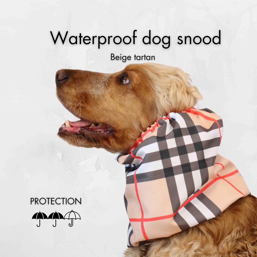 Beige Tartan Waterproof Dog Snood | Dog Ear Scarf | Dog Ear Protector ...