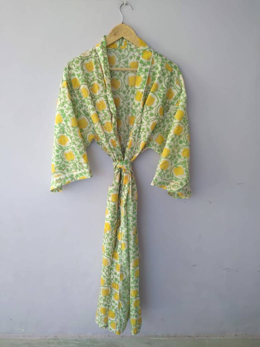Hand Block Printed Kantha Work Kimono, Cotton Bathrobe, Dressing Gown ...