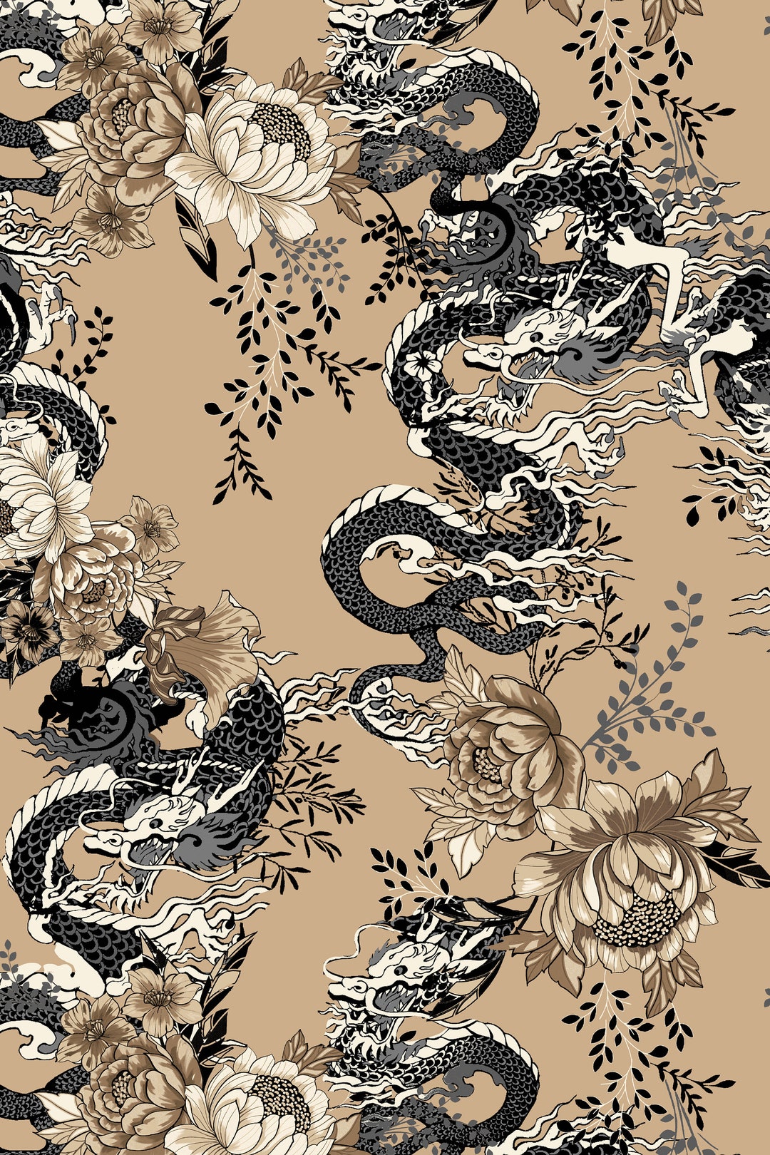 Dragon Print Digital File, Flowers Seamless Pattern, Asian Prints ...