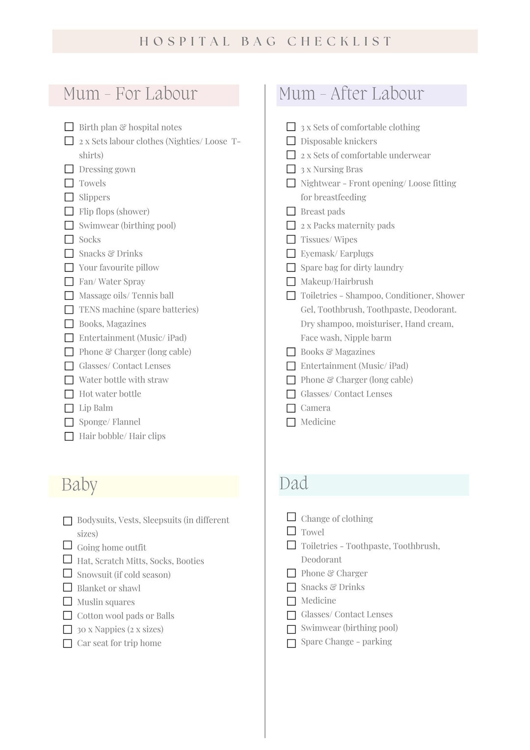 Hospital Bag Checklist - Printable/downloadable - Etsy