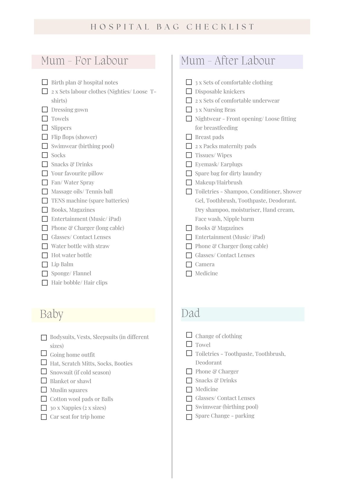 Hospital Bag Checklist - Printable/downloadable - Etsy