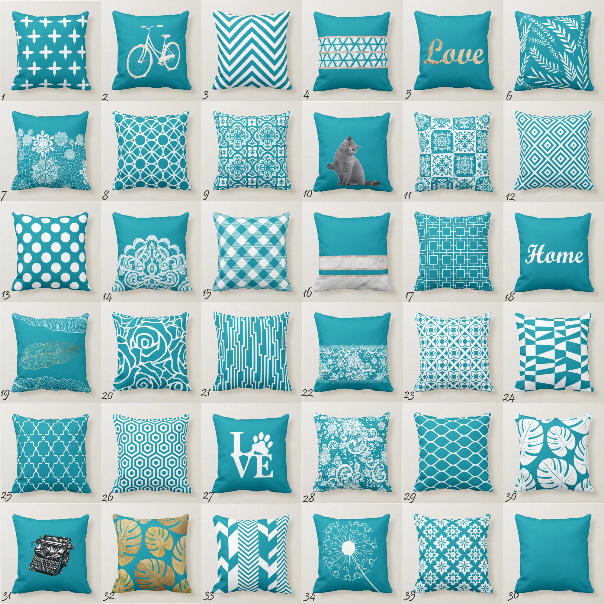 Teal Blue Throw Pillow Mix and Match Indoor Outdoor Decorative Zippered ...