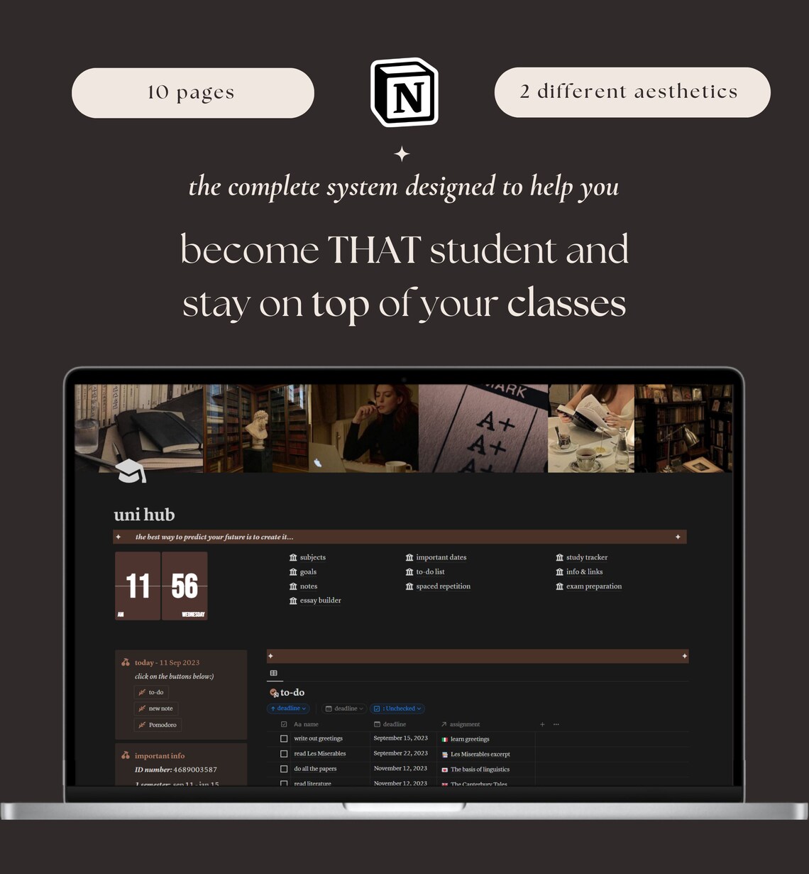 Dark Academia Uni Hub Notion Template College Notion Dashboard Student ...