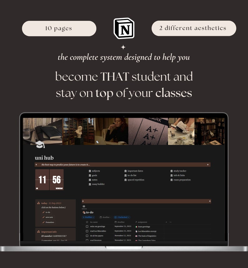 Dark Academia Uni Hub Notion Template College Notion Dashboard Student ...