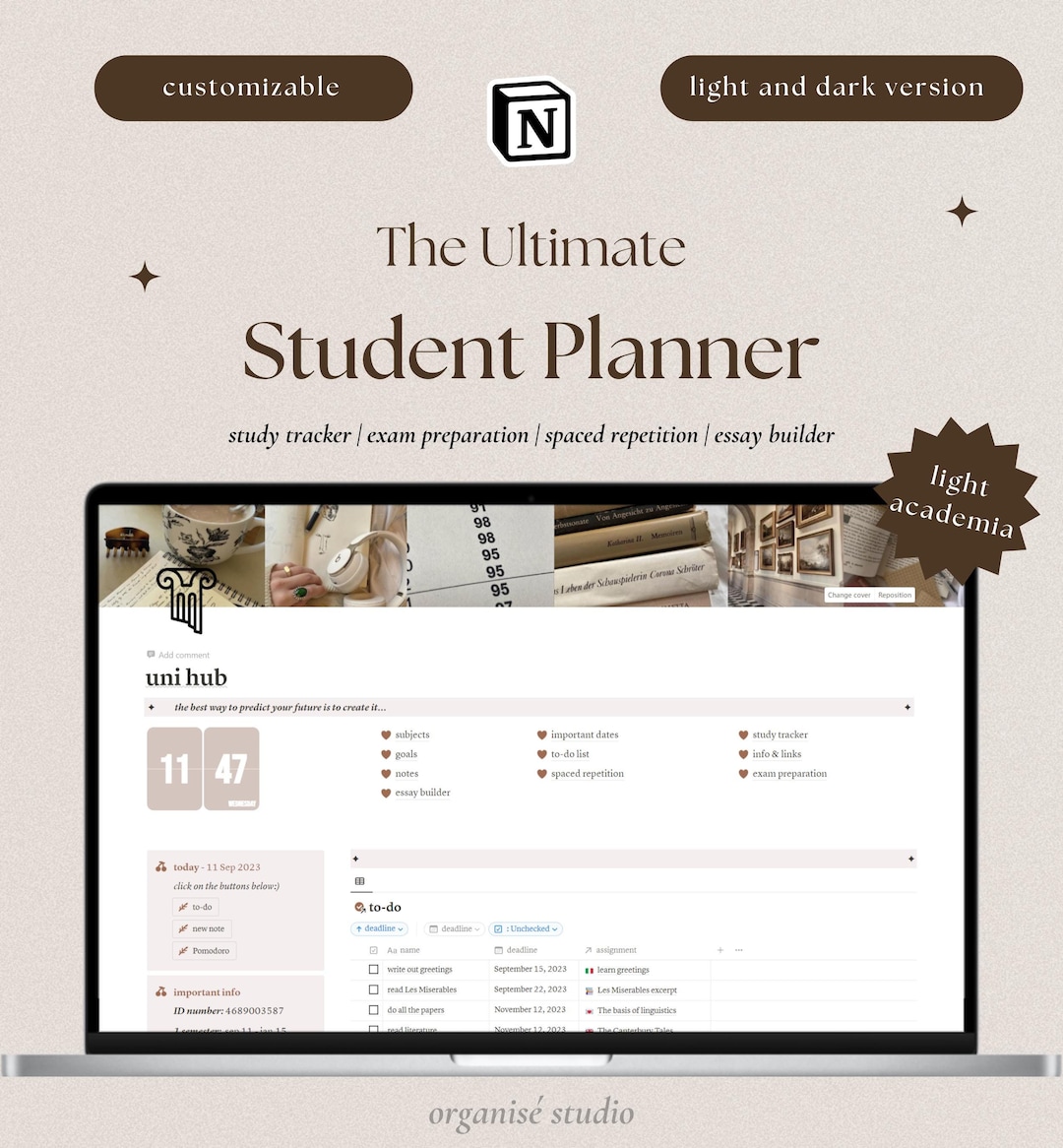 Student Planner Light Academia Notion Template | College Notion ...