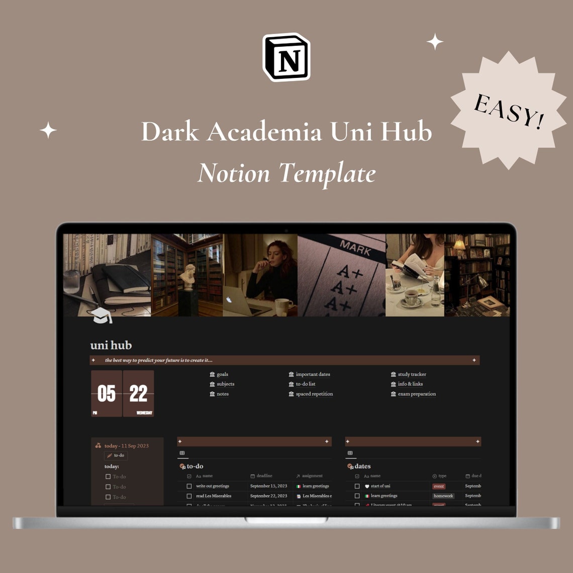 Dark Academia Uni Hub Notion Template College Notion - Etsy
