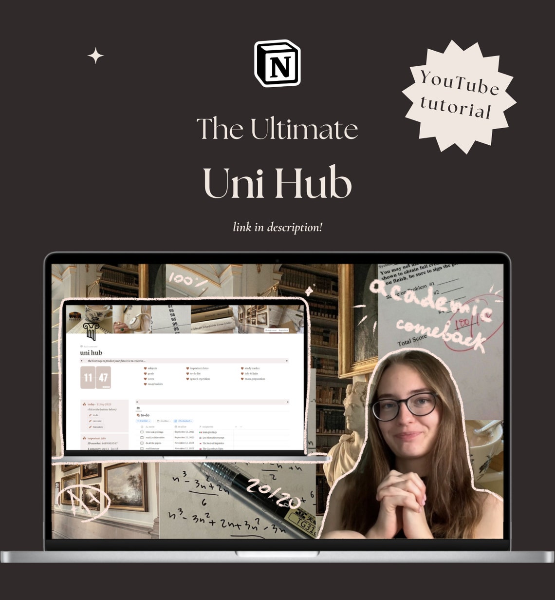 Dark Academia Uni Hub Notion Template College Notion Dashboard Student Notion Template Student ...