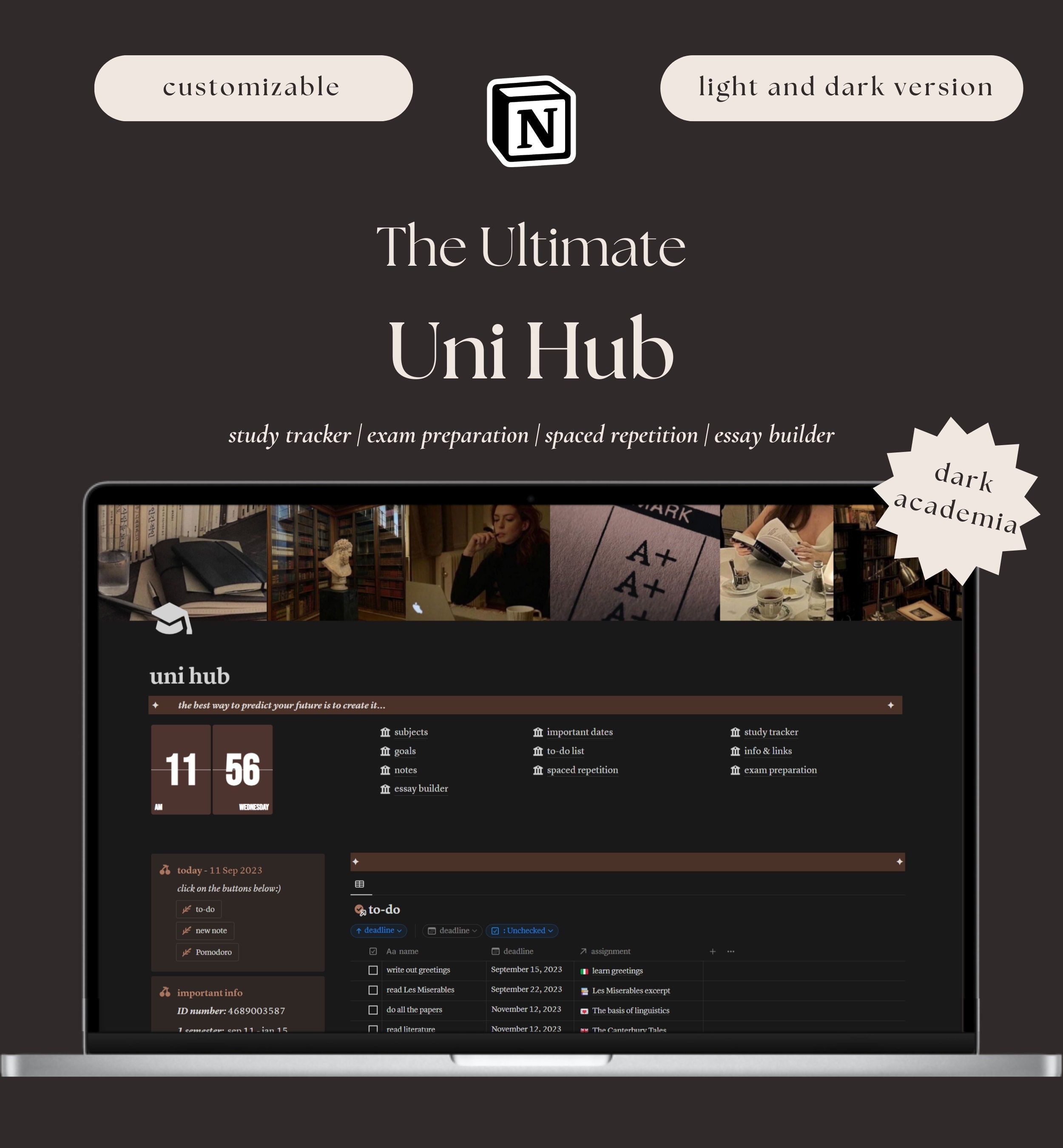 Dark Academia Uni Hub Notion Template College Notion Dashboard Student Notion Template Student ...