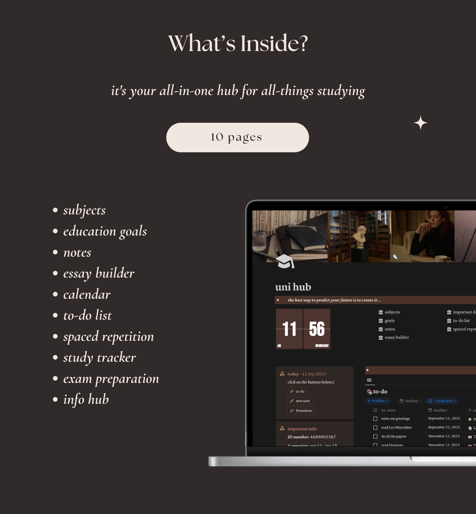 Dark Academia Uni Hub Notion Template College Notion Dashboard Student Notion Template Student ...