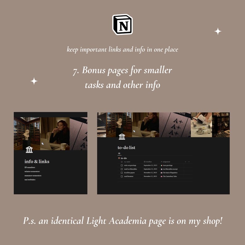 Dark Academia Uni Hub Notion Template College Notion - Etsy