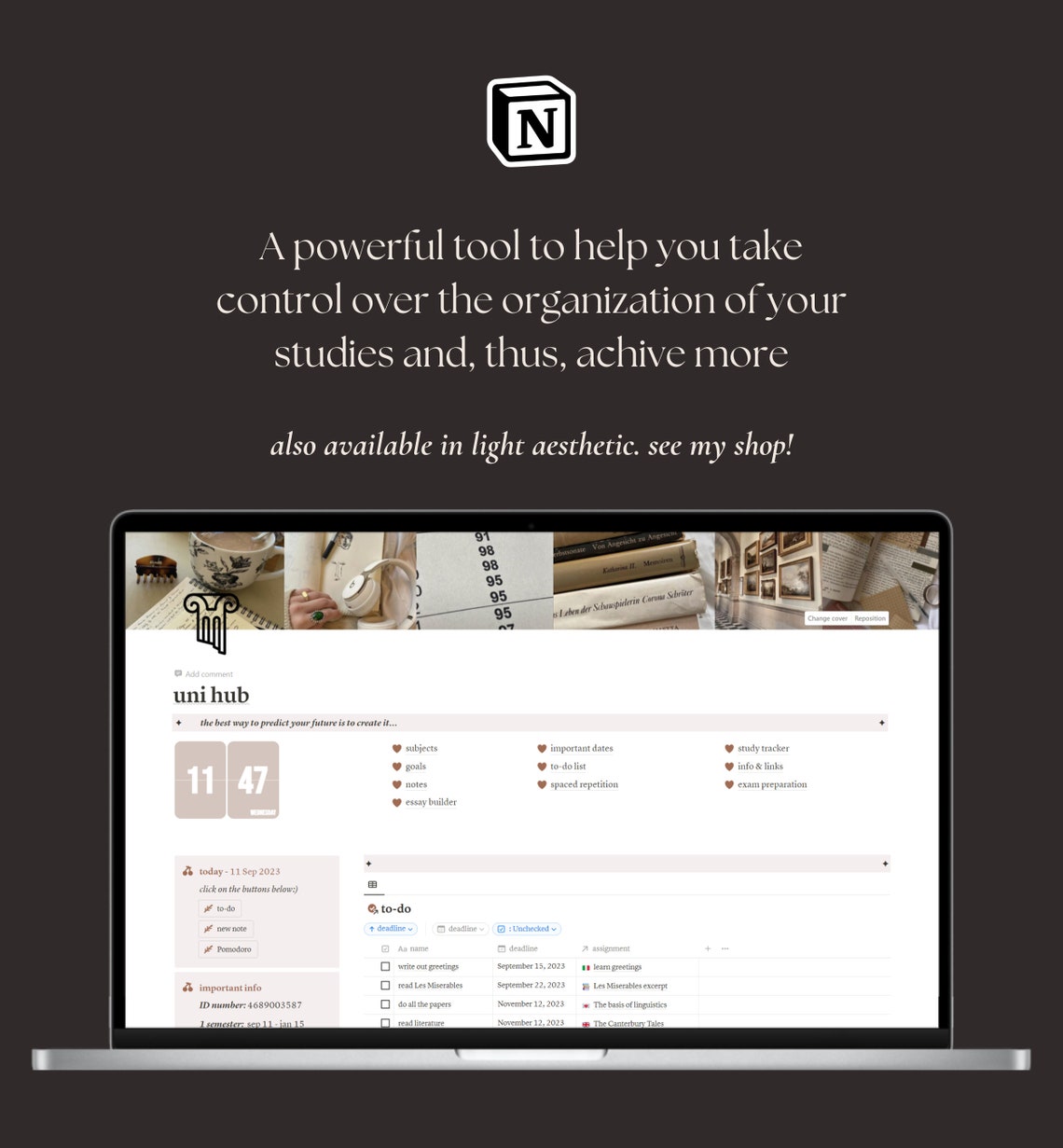Dark Academia Uni Hub Notion Template College Notion Dashboard Student Notion Template Student ...