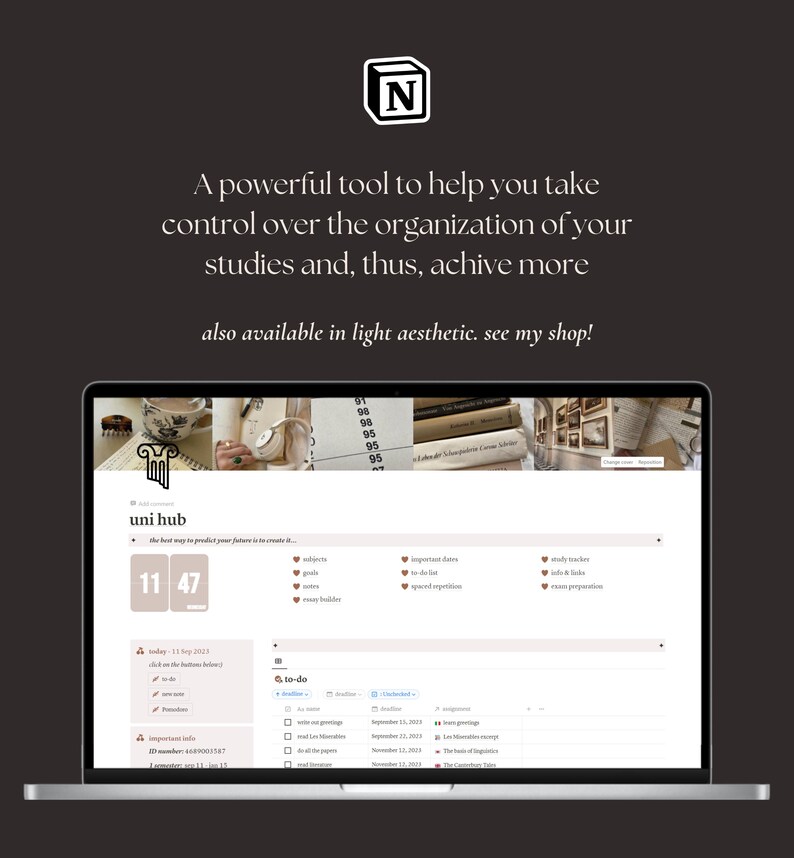 Dark Academia Uni Hub Notion Template College Notion Dashboard Student ...