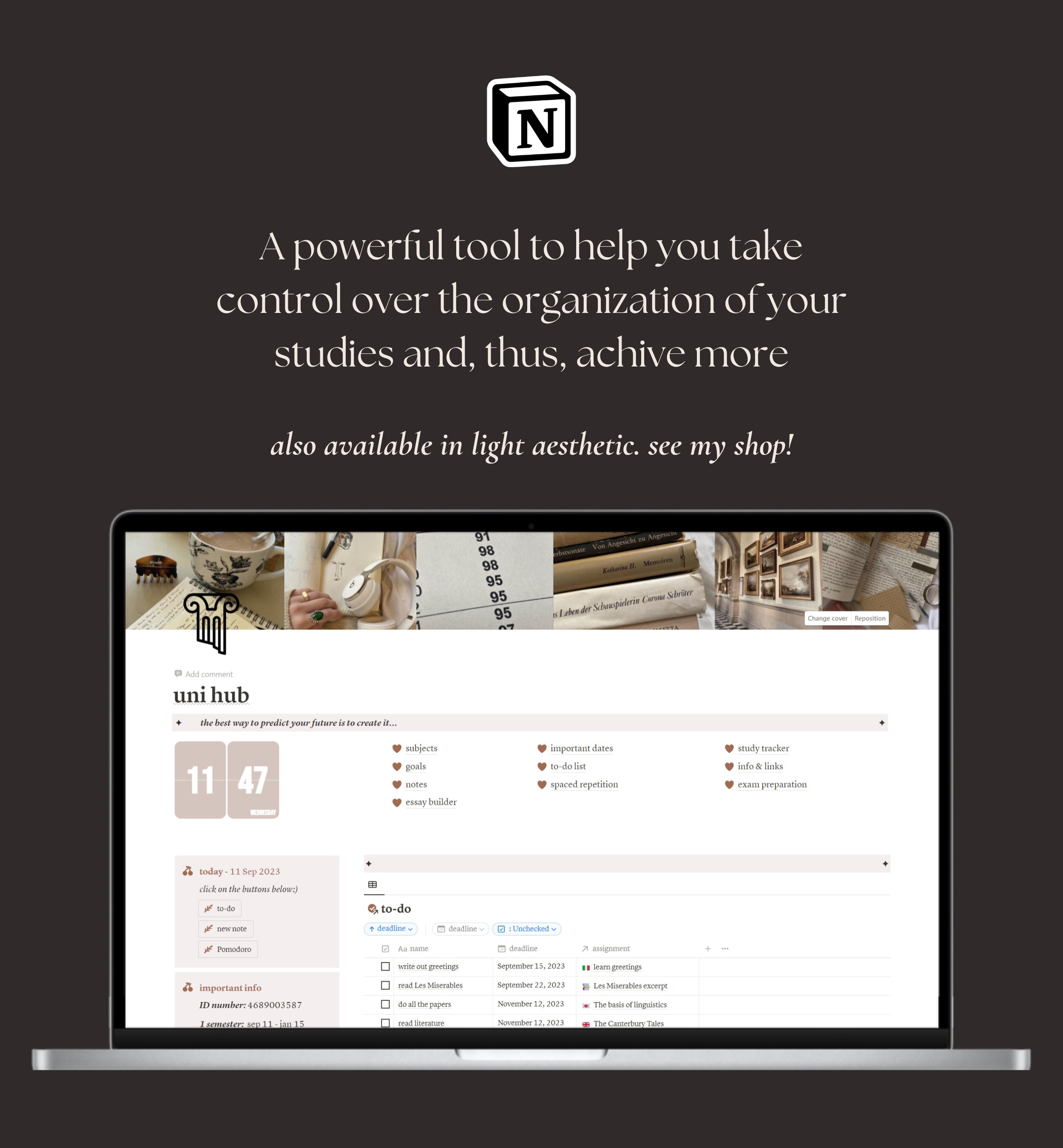 Dark Academia Uni Hub Notion Template College Notion Dashboard ...