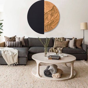 Round Mountain Wood Wall Art, Circle Mountain Art, Wooden Mountain Wall ...