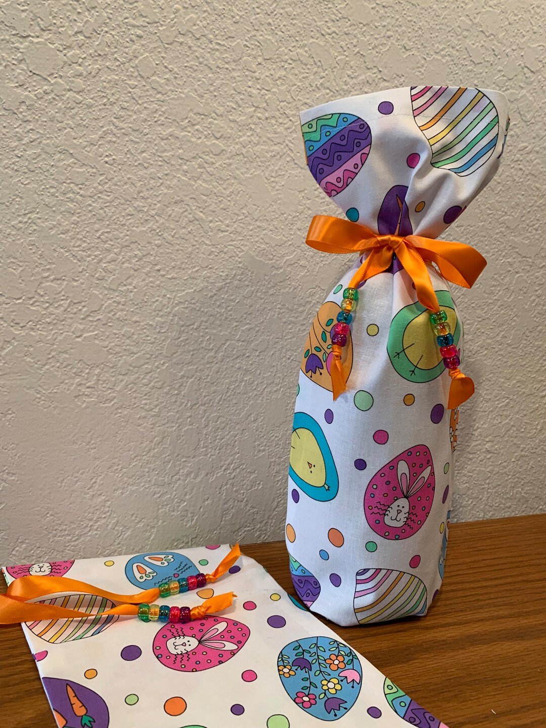 Hoppy Easter Wine Bottle Bags With Sparkly Beads Embellished Ribbon ...