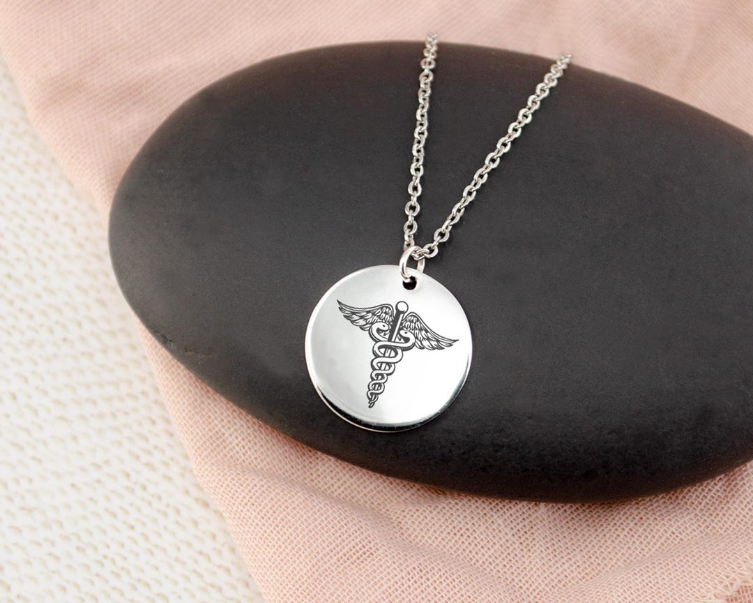 Caduceuscharm Necklace, Stainless Steel Silver Pendant, Custom Text ...