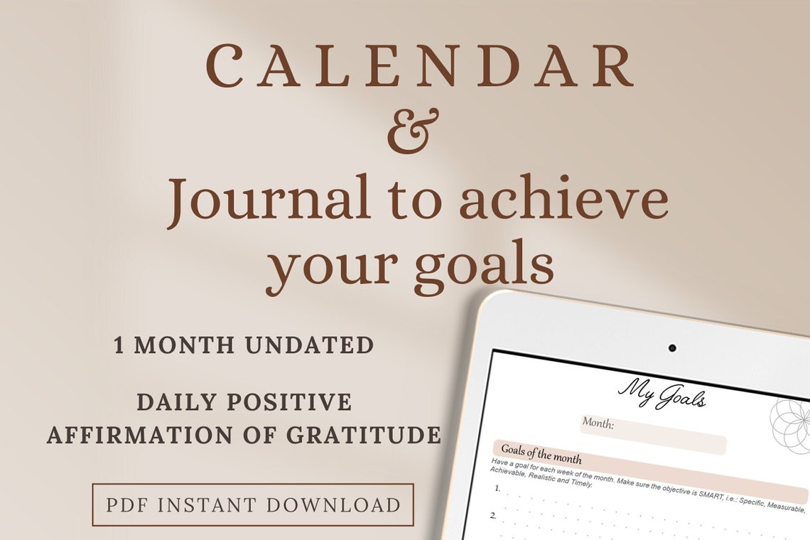 Monthly Calendar achieve Your Goals_downloadable Pdf_undated_gratitude ...